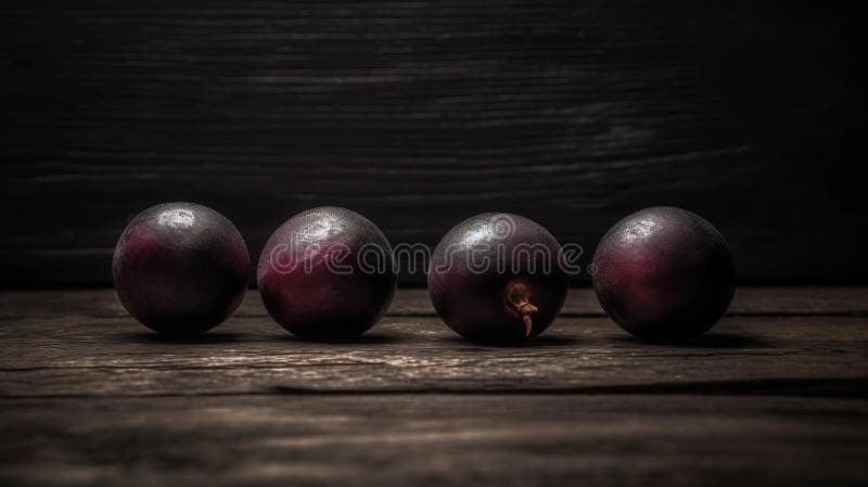 A Group of Three Plums Sitting on Top of a Wooden Table Next To Each ...