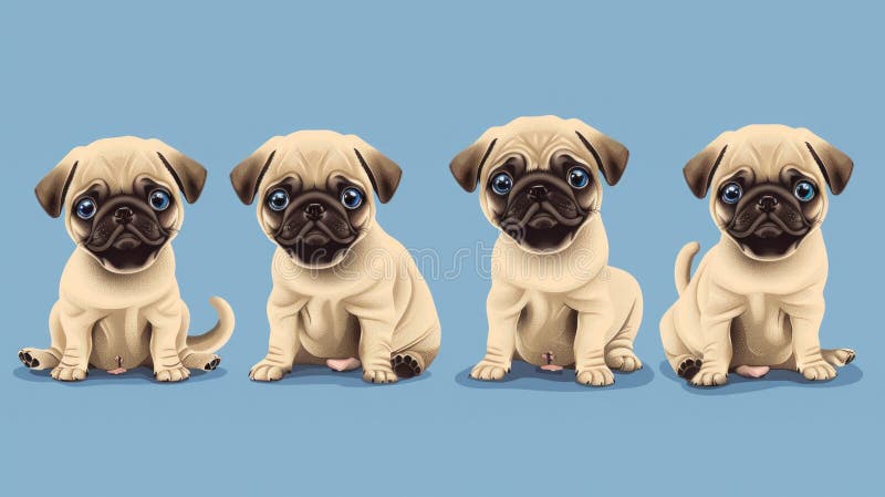 Group of Three Pugs Sitting Side by Side. Perfect for Pet Lovers Stock ...