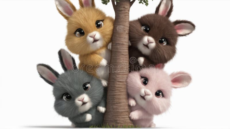 A Group of Three Rabbits are Standing Around a Tree, AI Stock Image ...