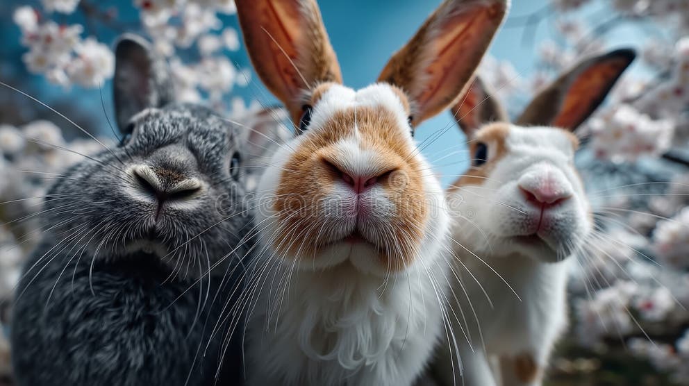 A Group of Three Rabbits Standing Next To Each Other in Front of a Tree ...