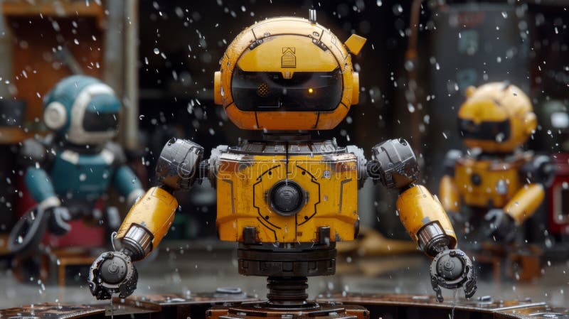 A Group of Three Robots Standing in a Room with Rain Falling, AI Stock ...