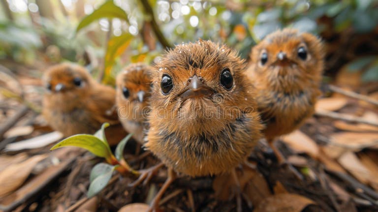 A Group of Three Small Birds Standing Together on a Leaf Covered Ground ...