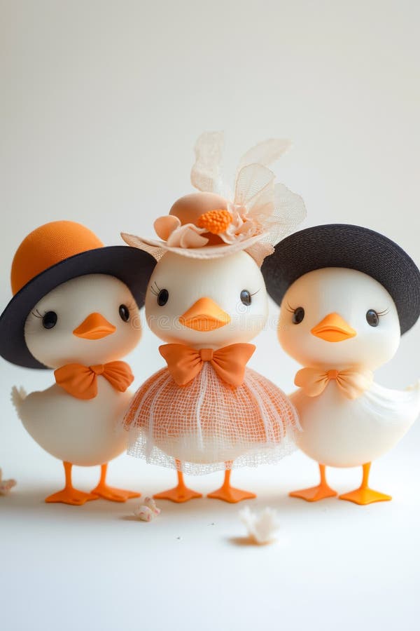 A Group of Three Small Figurines of Ducks Wearing Hats and Dresses ...