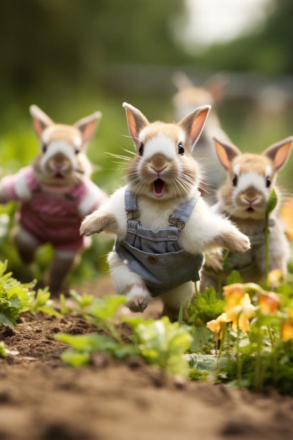 A Group of Three Small Rabbits Running in a Field, AI Stock Image ...