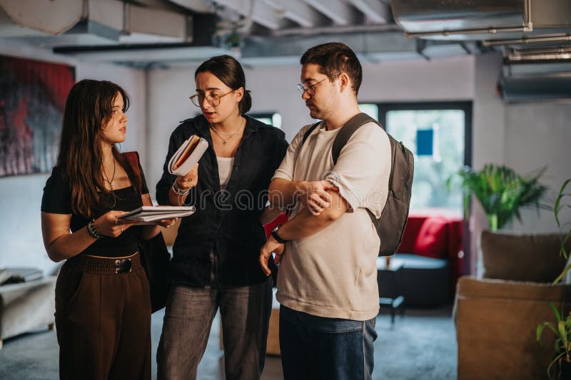A Group of Three Students Engage in a Discussion Inside a Modern Study ...