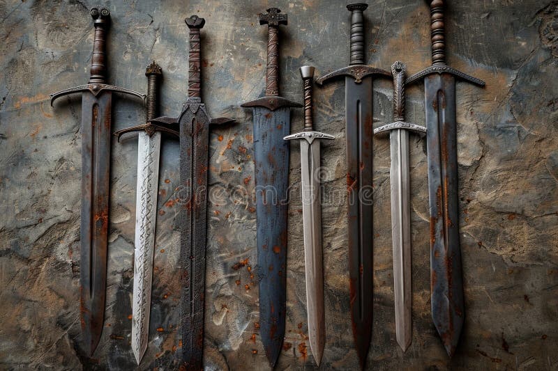 A Group of Three Swords Hang on a Wall, Awaiting Use Stock Photo ...