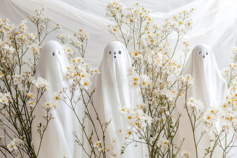 A Group of Three White Ghosts Standing in a Field of Flowers Stock ...