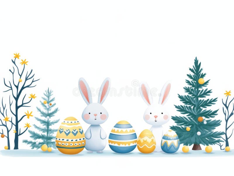Group of Three White Rabbits Pastel Colored Easter Eggs Amidst Stylized ...