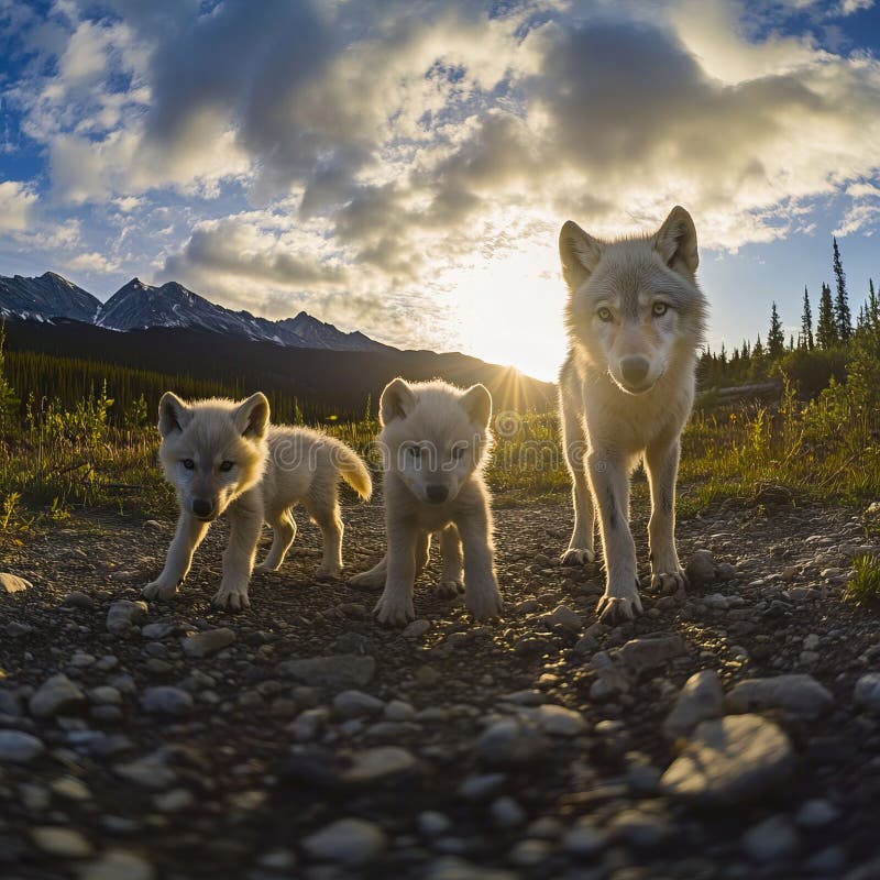 A Group of Three White Wolf Pups Walking on a Dirt Road Stock Image ...