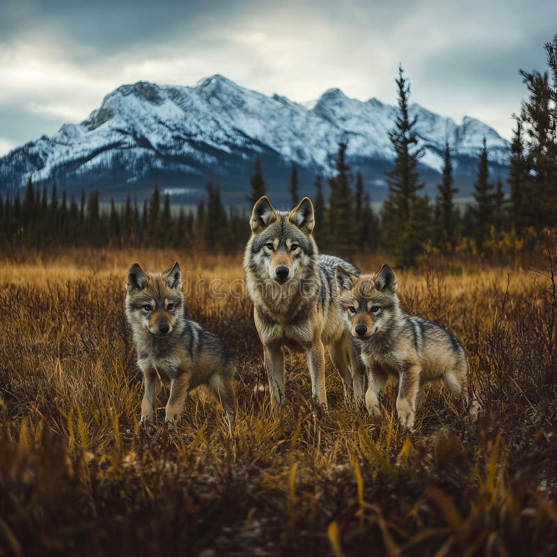 A Group of Three Wolf Pups Walking in a Field with Mountains in the ...