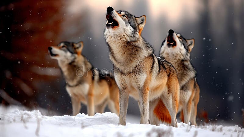 A Group of Three Wolves Howling in the Snow Stock Photo - Image of ...