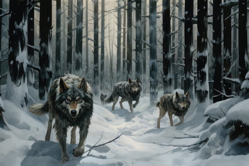 A Group of Three Wolves Walking Together through a Snowy Forest, a Pack ...