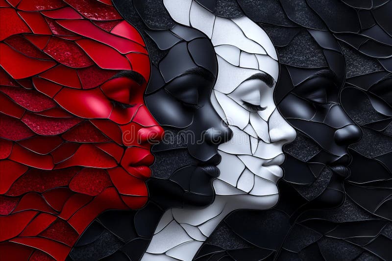 A Group of Three Women S Faces with Red and Black Faces Stock Photo ...