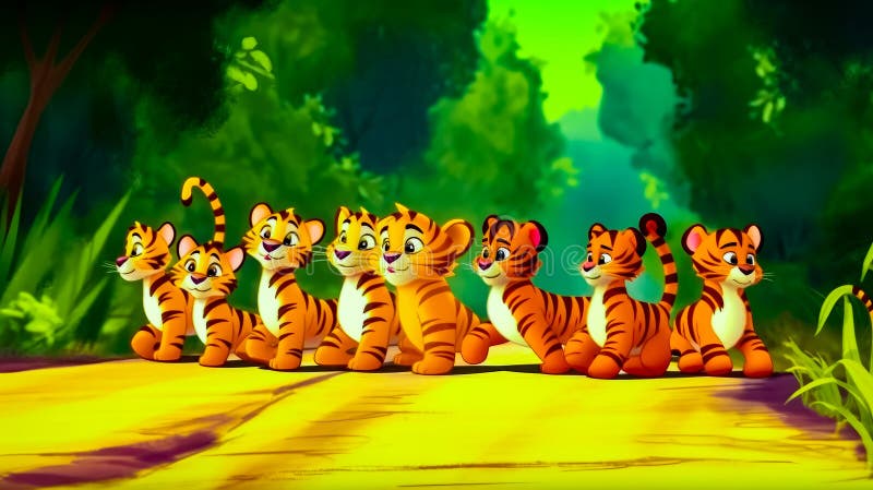 Group of Tiger Cubs Sitting Next To Each Other on Top of Field ...