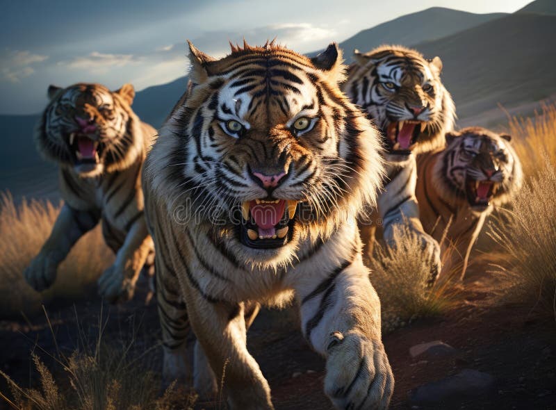 A Group of Tigers with Fangs Stock Photo - Image of mammal, generated ...