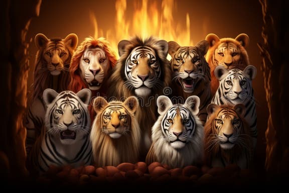 A Group of Tigers in Front of a Fire Stock Illustration - Illustration ...