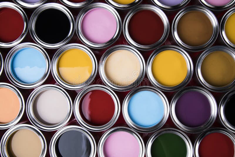 Group of Tin Metal Cans with Color Paint Stock Photo - Image of painter ...