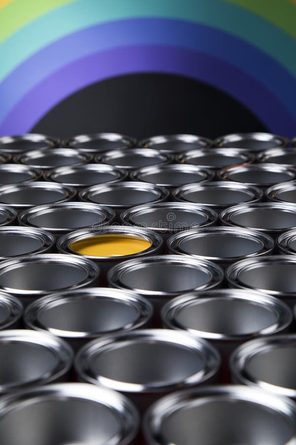 Group of Tin Metal Cans with Color Paint Stock Photo - Image of colored ...