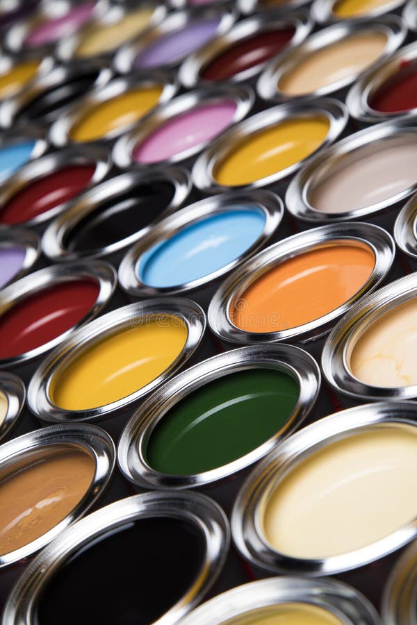 Group of Tin Metal Cans with Color Paint Stock Photo - Image of bucket ...