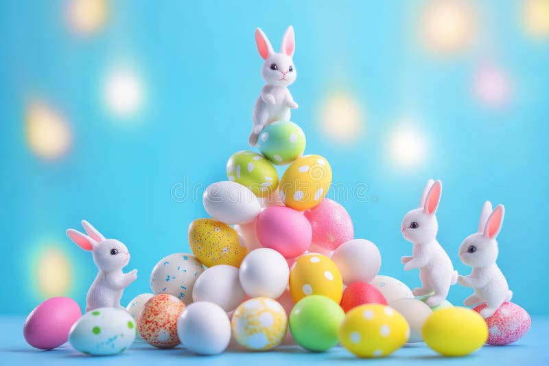 A Group of Tiny Easter Bunnies Stacking Easter Eggs into a Giant ...