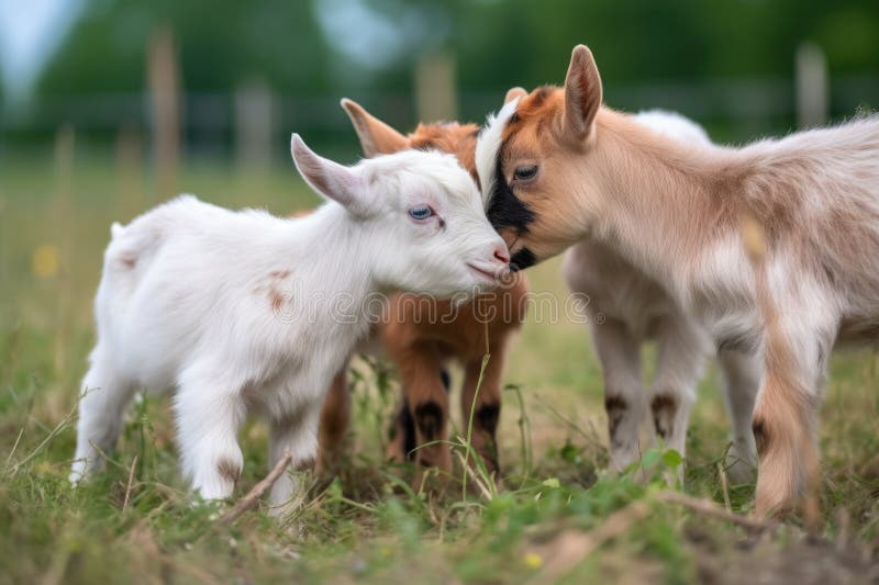 Group of Tiny Goats Playfully Head-butting Each Other in Meadow Stock ...
