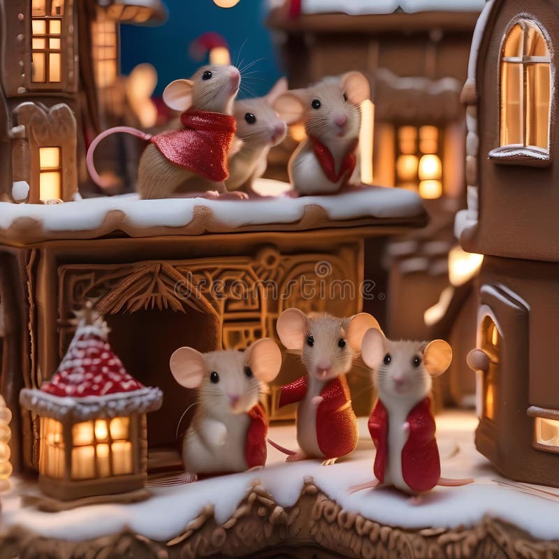 A Group of Tiny Mice in a Gingerbread Village, Wearing Tiny Santa Hats1 ...