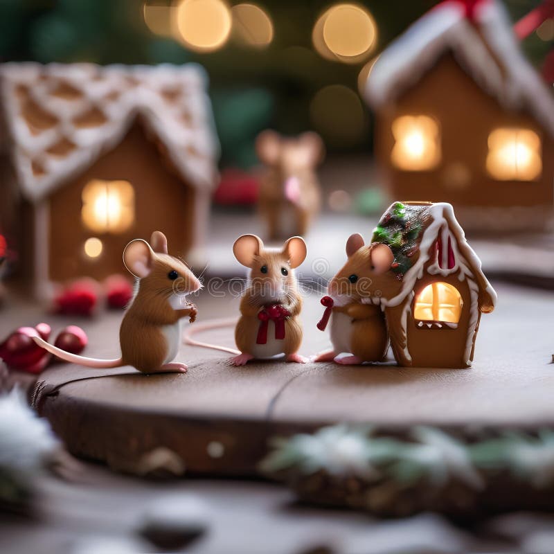 A Group of Tiny Mice in a Gingerbread Village, Wearing Tiny Santa Hats5 ...