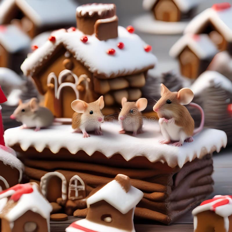 A Group of Tiny Mice in a Gingerbread Village, Wearing Tiny Santa Hats4 ...
