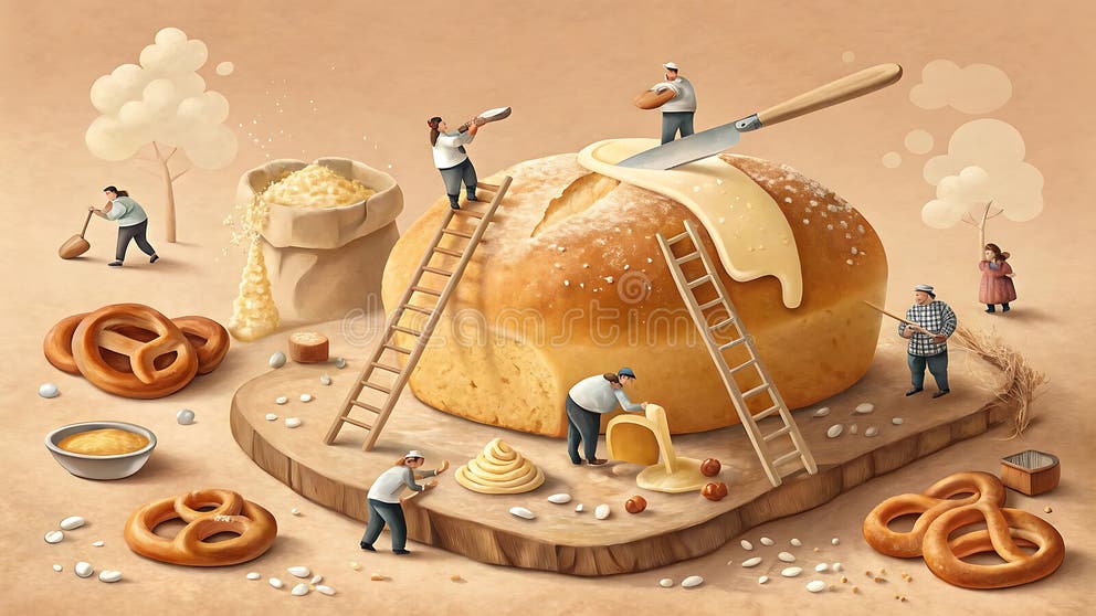 A Group of Tiny People Baking Bread on Top of a Giant Loaf of Bread ...