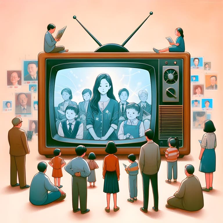 Group of Tiny People Watching a TV Program in Vintage Television Set D ...