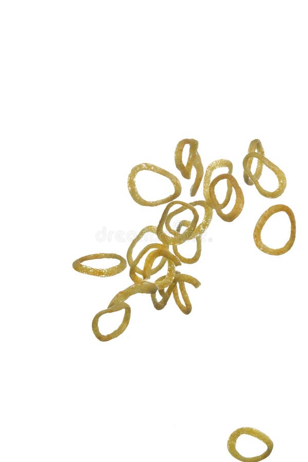 Group of Tiny Thin Flying Dried Onion Rings in Free Falling. Isolated ...