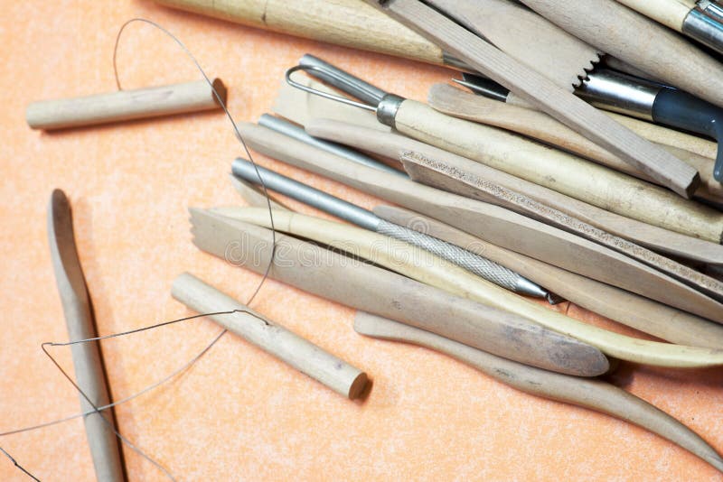 Sculptor Tools on a Marble Slab, Close Up. Workplace, Traditional Tools ...