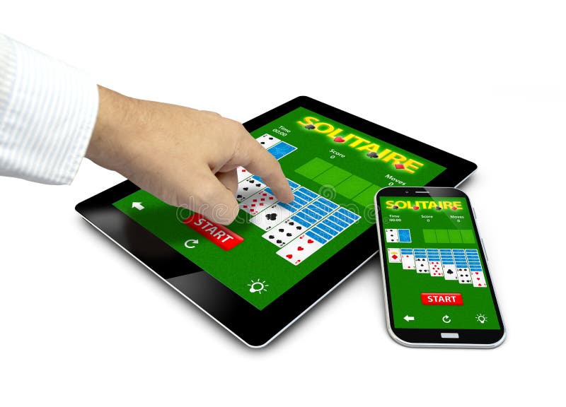 Group of Touchscreen Devices with Solitaire App and a Finger Touching ...