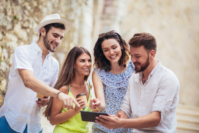 Group of Tourist Friends with Digital Tablet Having Fun Stock Image ...