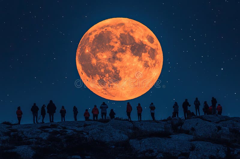 A Group of Tourist Photographers Watch the Big Moon at Night from a ...
