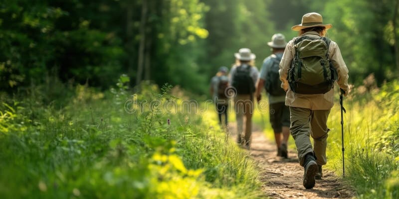 Group of Tourists on Guided Nature Walk through Lush Forest Trail Stock ...