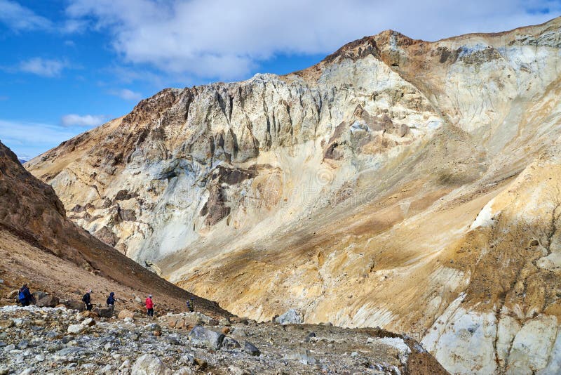Group of Tourists Inside the Crater of the Mutnovsky Volcano Stock ...