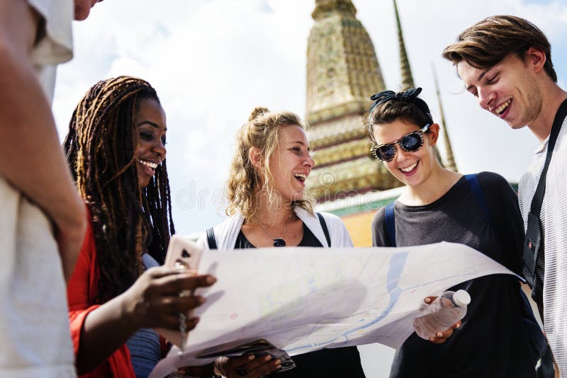 Group of Tourists Using the Map in Thai Temple Stock Image - Image of ...