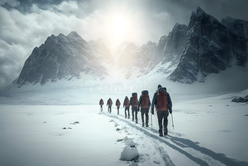 Group of Tourists in Winter in the Mountains. Teamwork Concept Stock ...