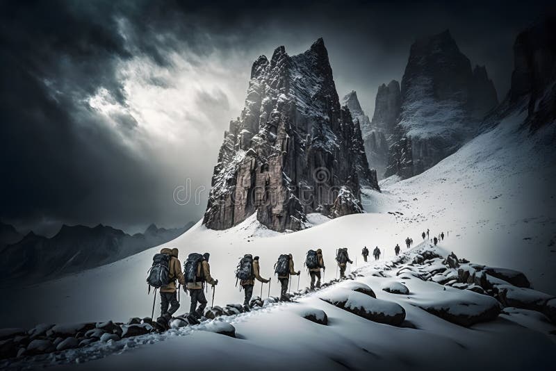 Group of Tourists in Winter in the Mountains. Teamwork Concept Stock ...