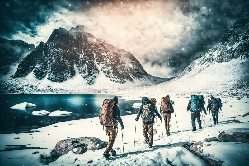 Group of Tourists in Winter in the Mountains. Teamwork Concept Stock ...