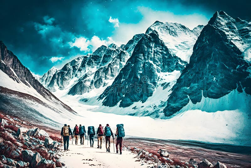 Group of Tourists in Winter in the Mountains. Teamwork Concept Stock ...