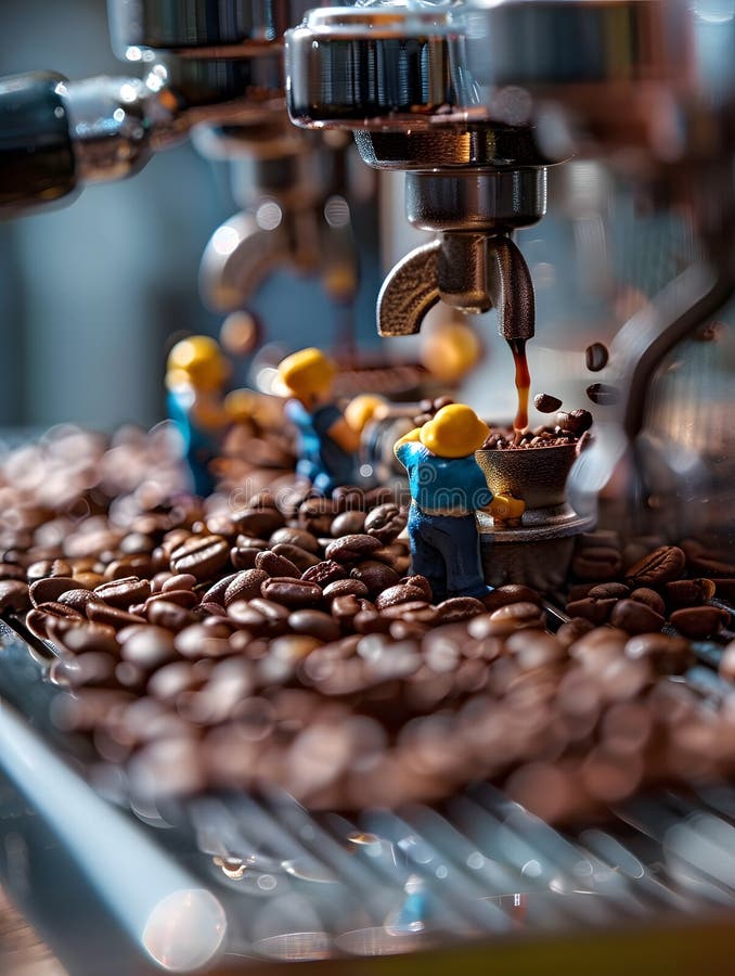 Group of Toy Figures Assembling Metal Coffee Machine Stock Photo ...
