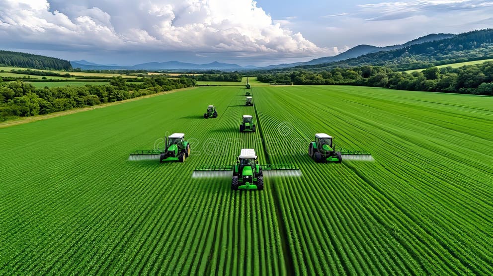 A Group of Tractors in a Field of Green Grass Stock Photo - Image of ...