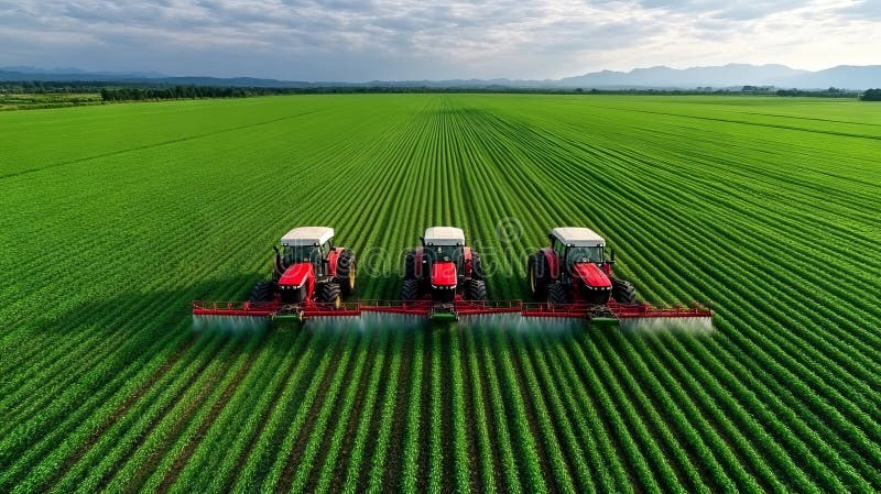 A Group of Tractors in a Green Field with a Sprayer Stock Photo - Image ...
