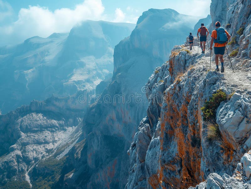 Group of Trail Runners Running Along Heigh Mountain Ridge Top Stock ...