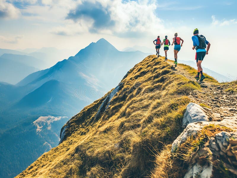 Group of Trail Runners Running Along Heigh Mountain Ridge Top Stock ...