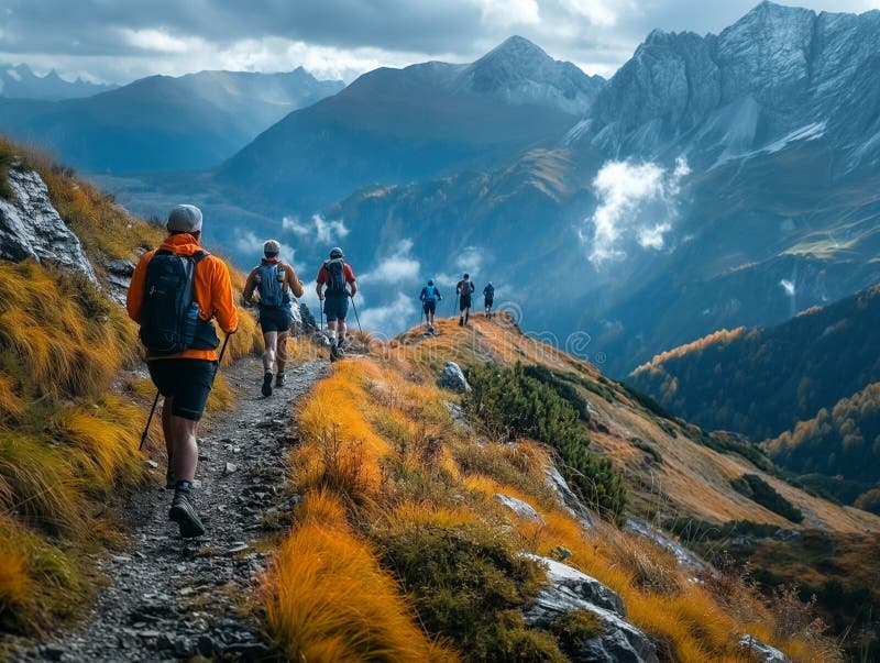 Group of Trail Runners Running Along Heigh Mountain Ridge Top Stock ...