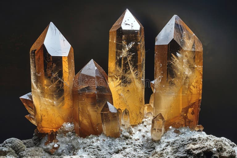 Group of Translucent Citrine Crystals Standing on Rock Formation Stock ...