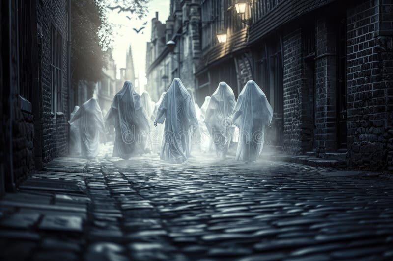 A Group of Translucent Figures, Resembling Ghosts, Walks Along an Empty ...